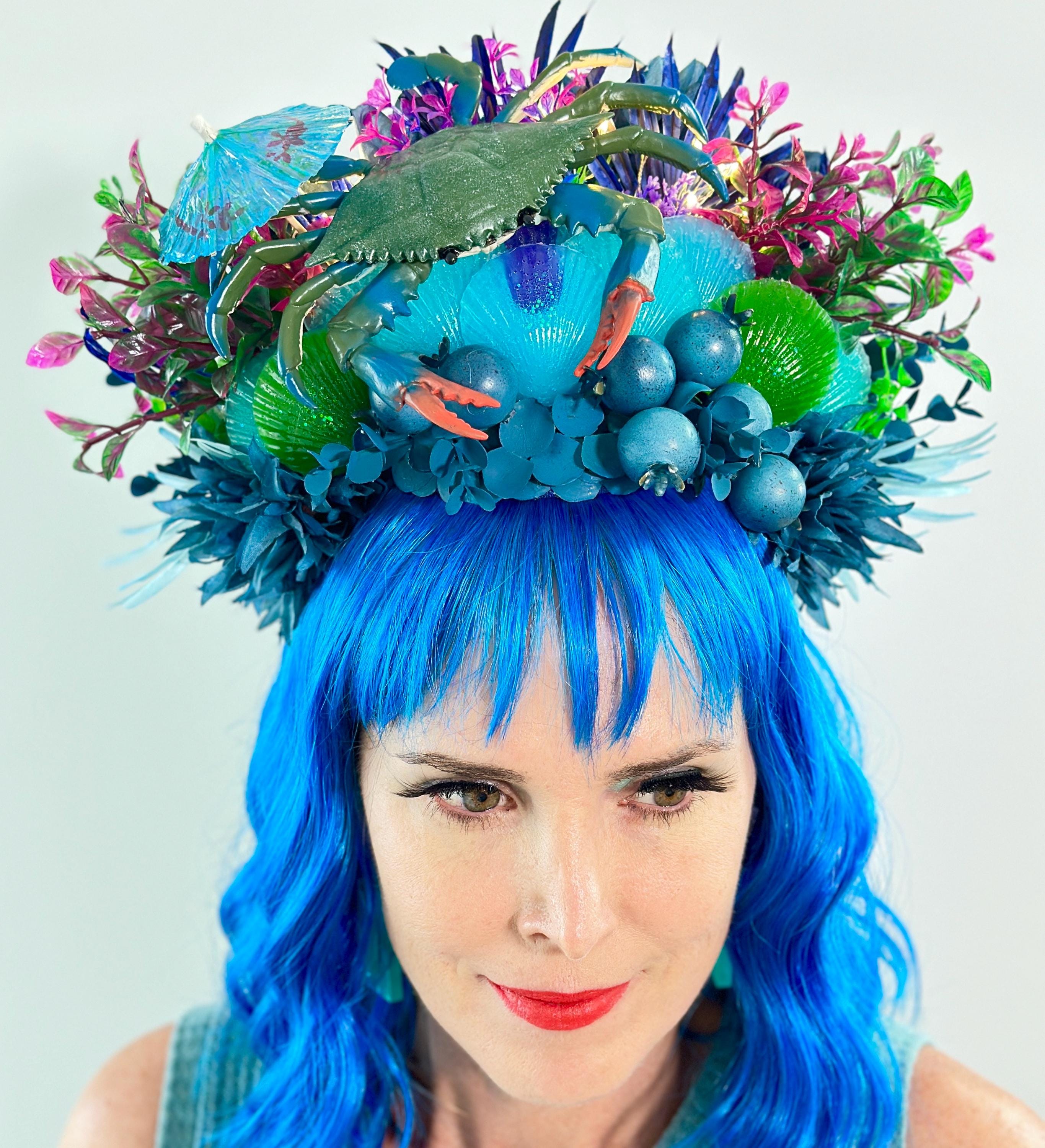 Argh Crabs LED Mermaid Hat With Handmade Shells and Seaweed, Umbrella ...