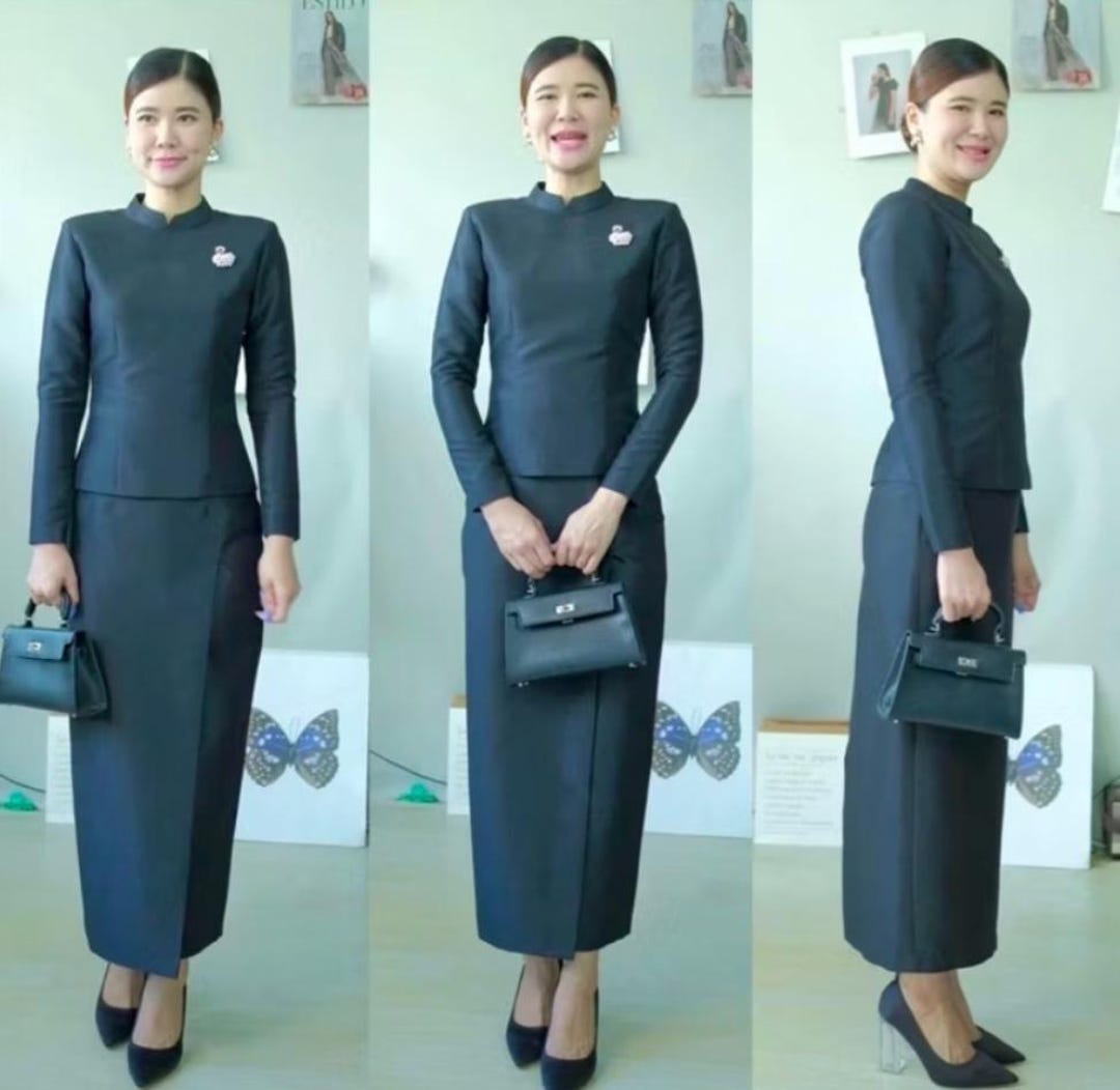 Modern Traditional Thai Black Long Sleeve Top Long Sarong Skirt Black ...