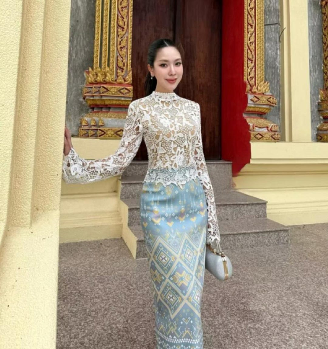 Modern Traditional Thai White Long Sleeve Lace Top + Printed Blue ...