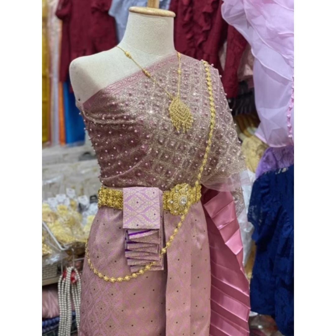 7 Piece Set / Traditional Thai Wedding Dress Bride Bridal Pink Sabai ...