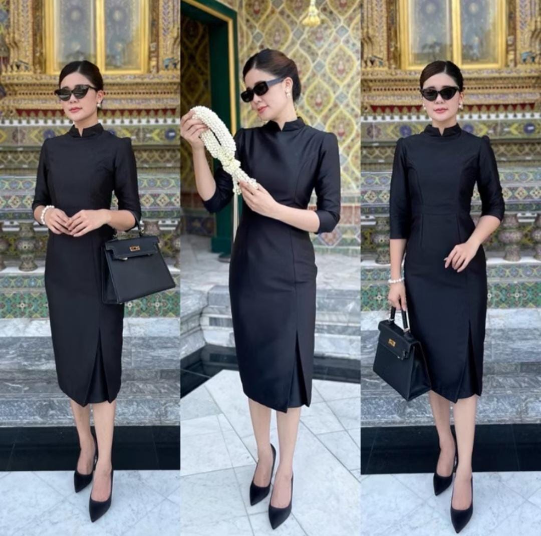 Modern Thai Black Long Sleeve Midi Dress Bridal Wedding Bridesmaid Prom ...