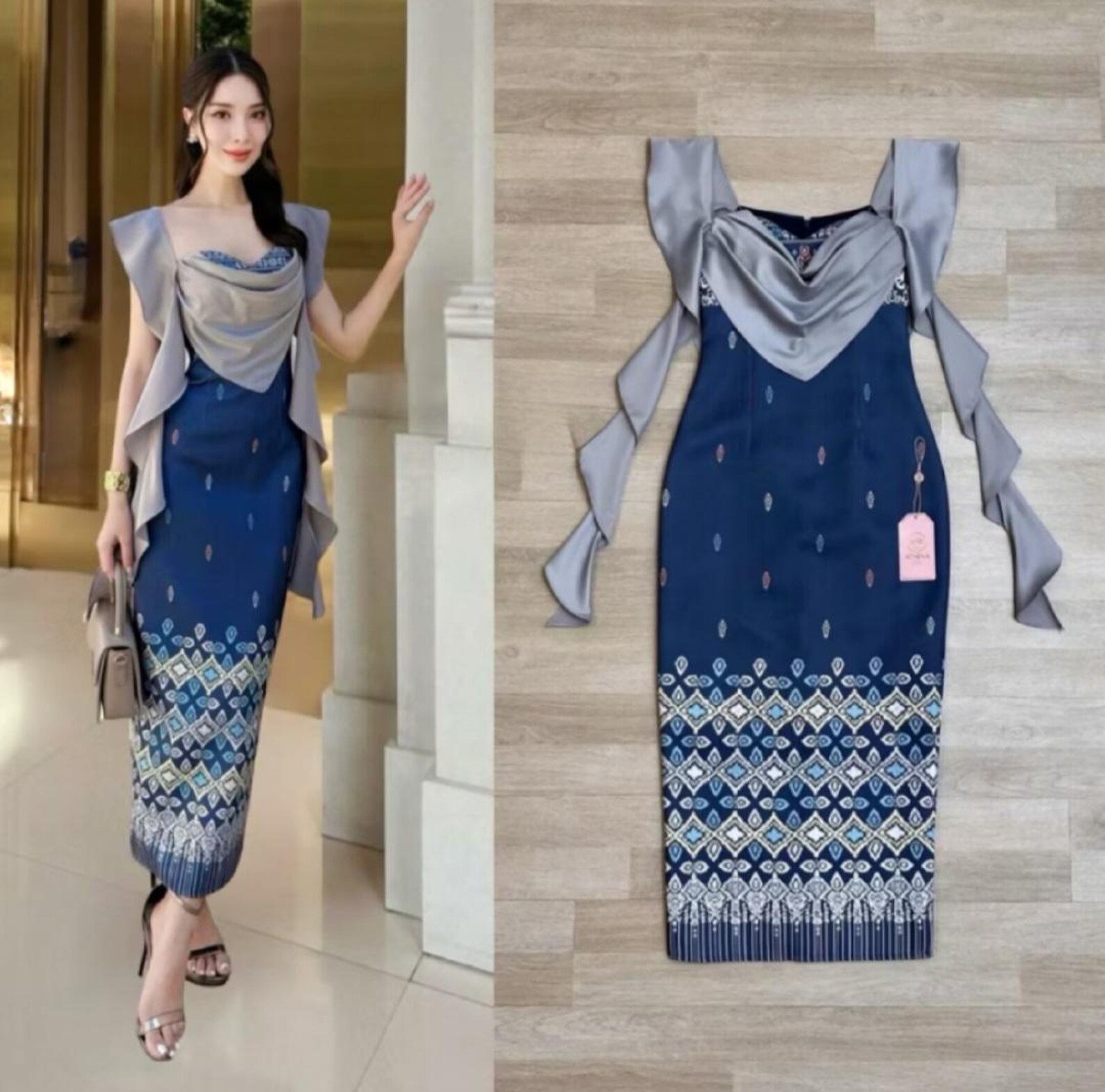 Modern Traditional Thai Navy Blue Gray Details With Printed Sarong ...