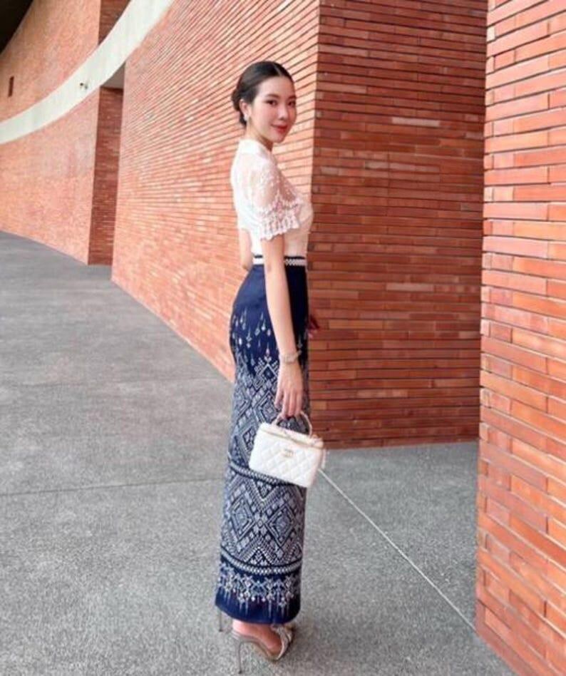 Traditional Thai Set of White Lace Blouse Navy Printed Sarong Skirt and ...
