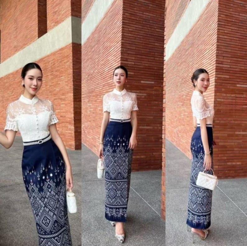Traditional Thai Set of White Lace Blouse Navy Printed Sarong Skirt and ...