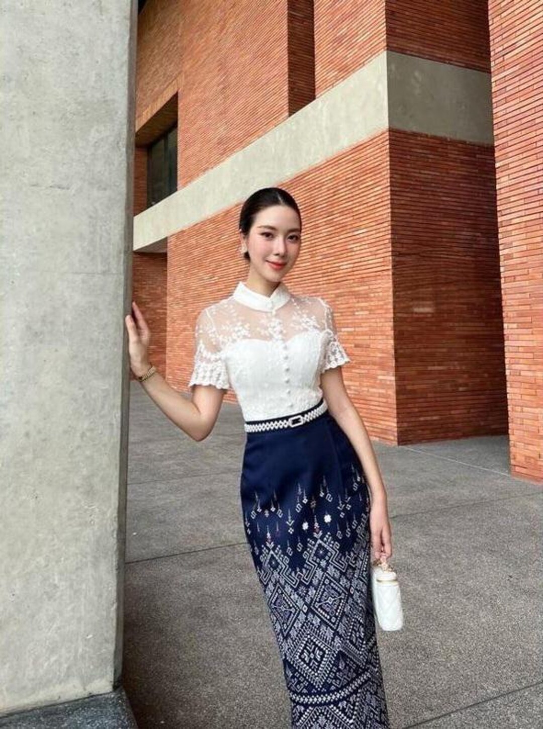 Traditional Thai Set of White Lace Blouse Navy Printed Sarong Skirt and ...