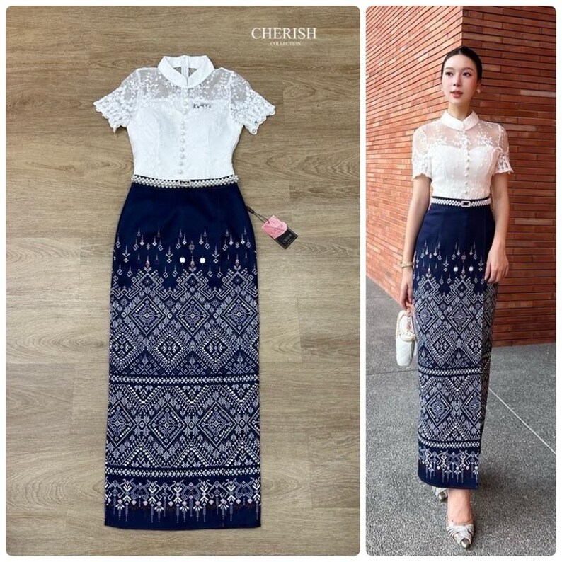Traditional Thai Set of White Lace Blouse Navy Printed Sarong Skirt and ...