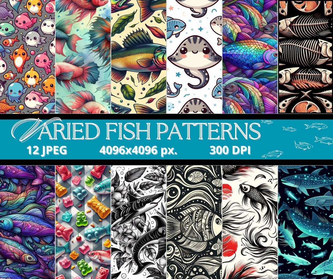 12 Seamless Varied Fish Patterns, Digital Paper, Colorful Fish Design ...