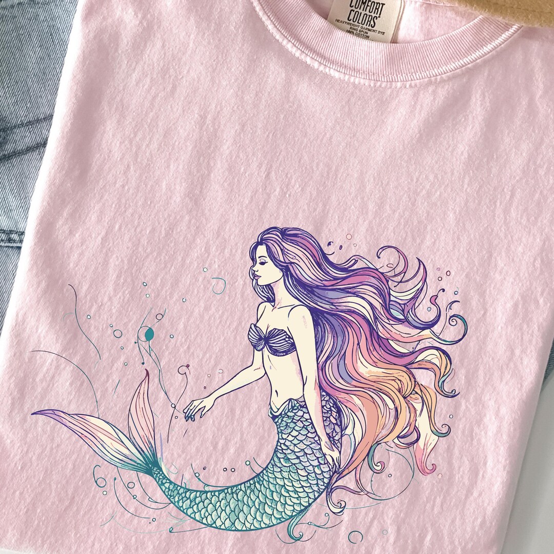 Watercolor Mermaid T-shirt | Rainbow Hair, Teal Tail, Gift for Her - Etsy