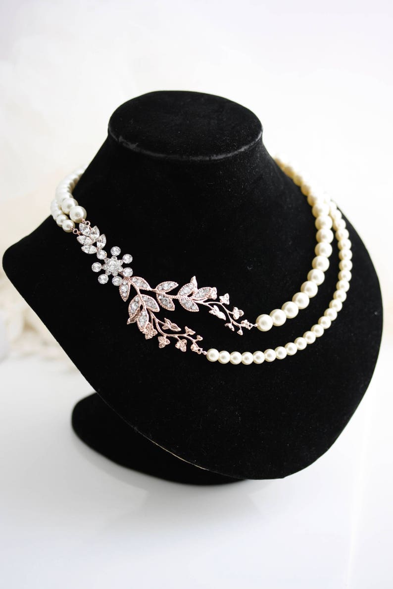 Rose Gold Bridal Necklace Leaf Wedding Necklace Art Deco Etsy