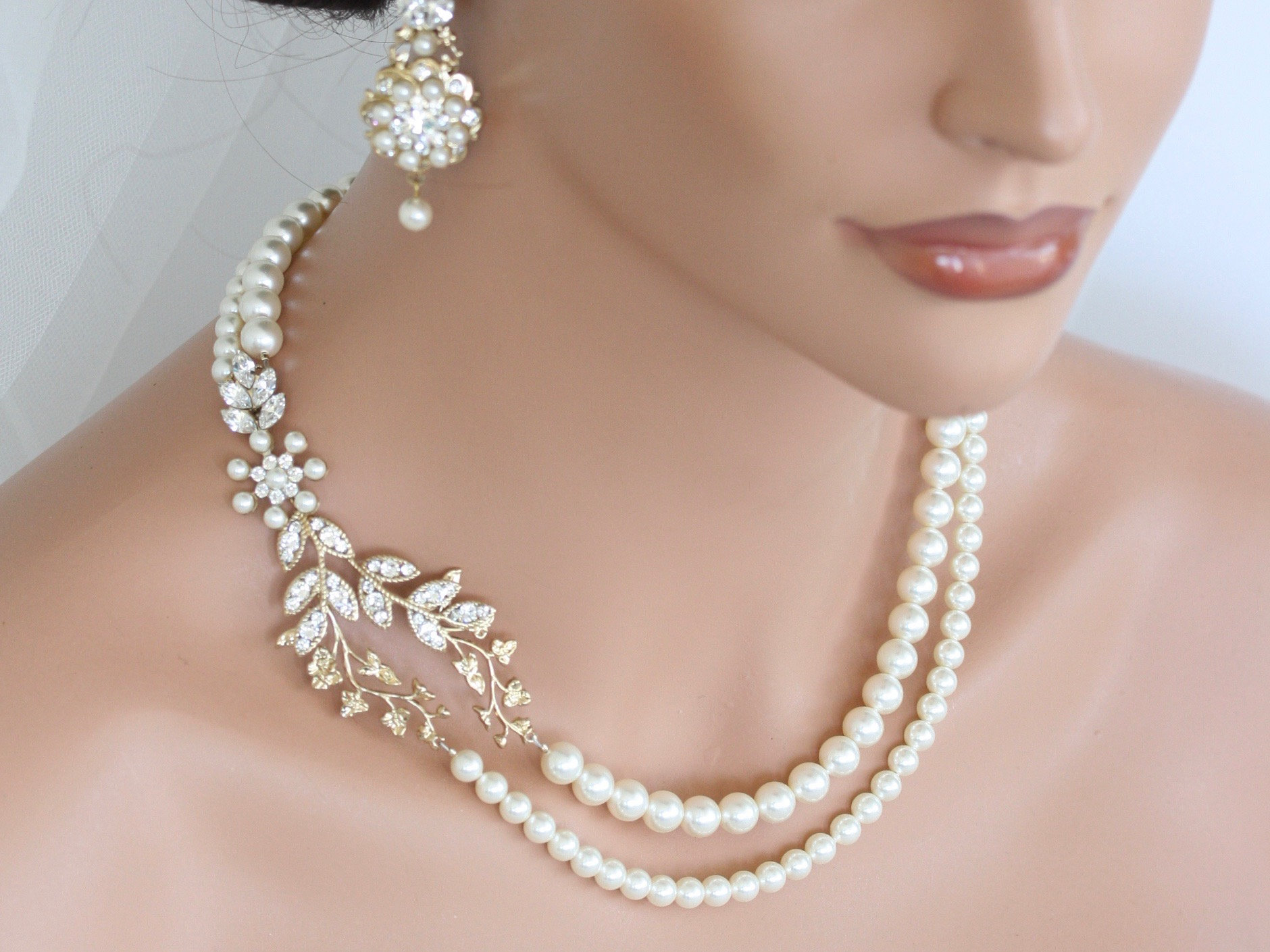 Wedding Pearl Necklace Vine Leaf Gold Bridal Necklet Swarovski Etsy