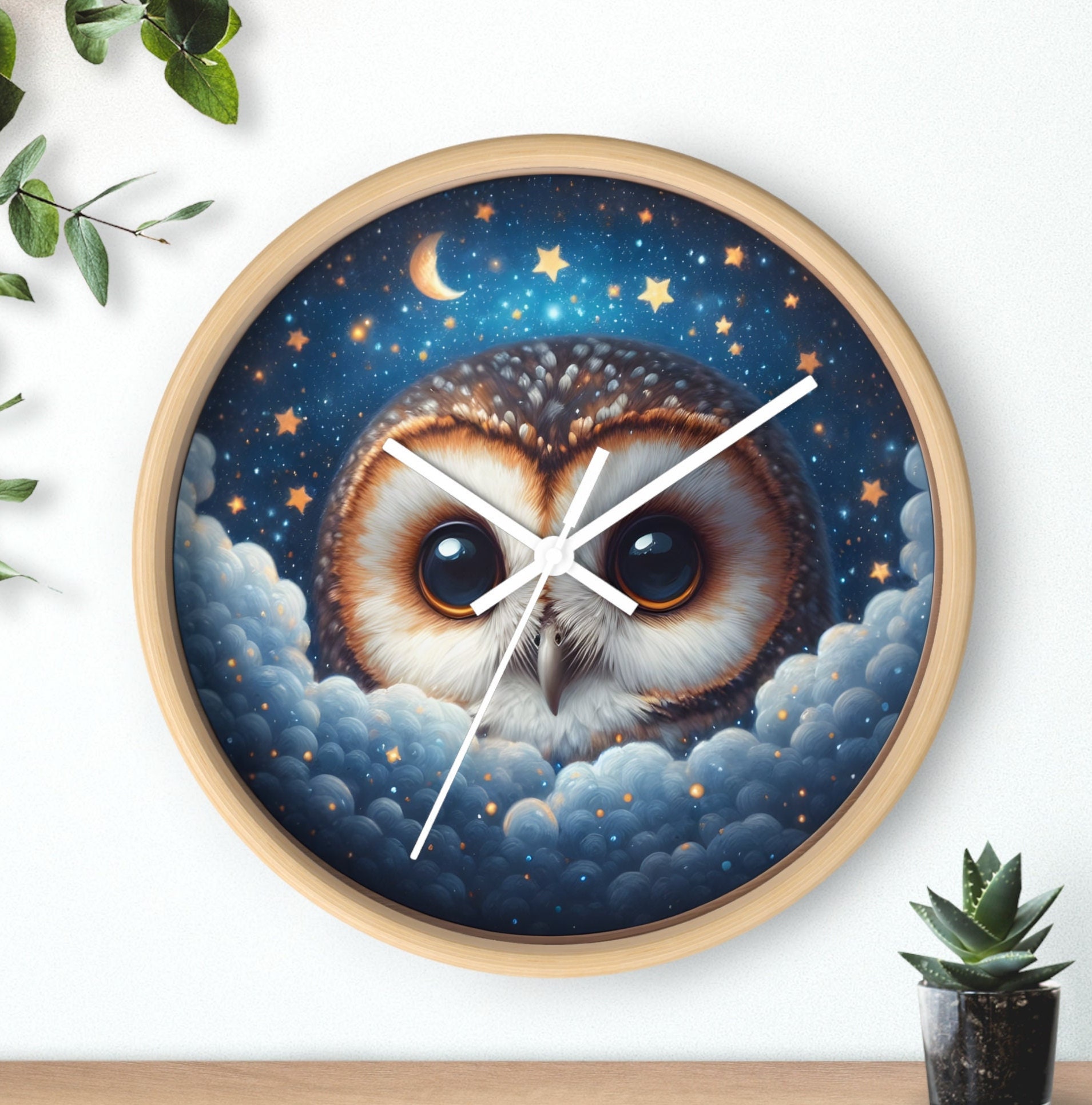 Starry Night Cute Owlet Wall Clock Baby Owl Clock Bird Lover Gift Moon ...