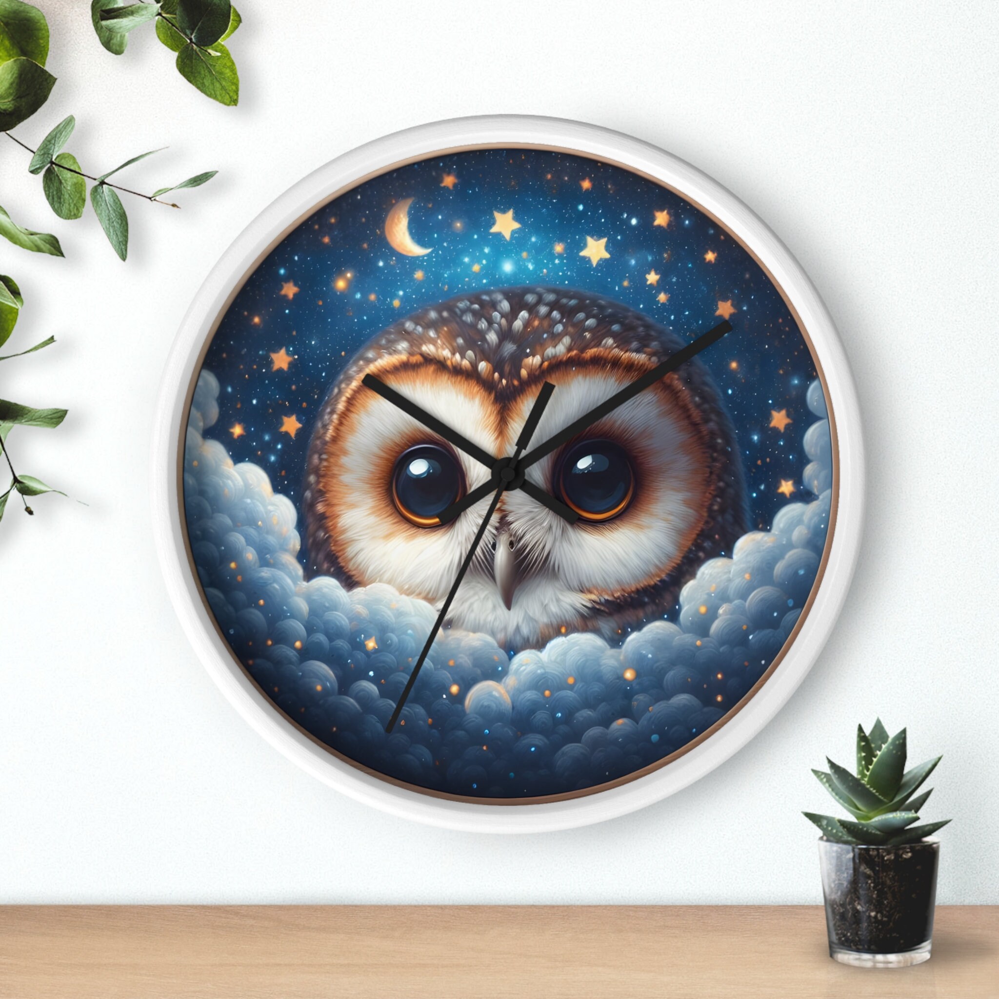 Starry Night Cute Owlet Wall Clock Baby Owl Clock Bird Lover Gift Moon ...