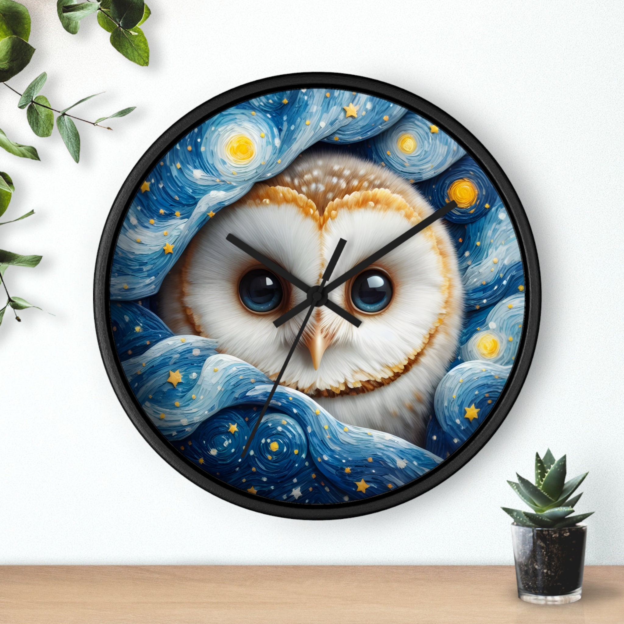 Starry Night Cute Baby Owl Wall Clock Blue Owlet Van Gogh Style Clock ...
