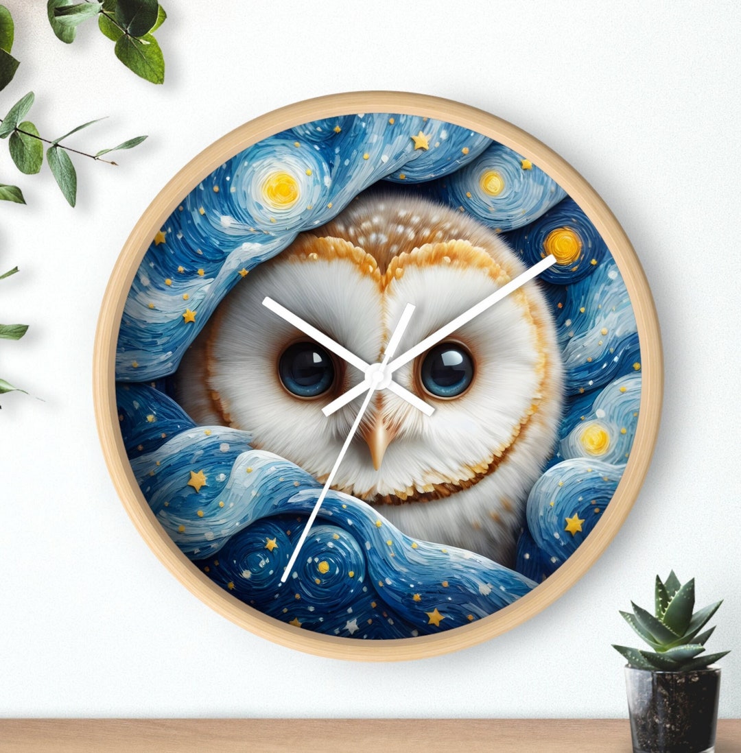 Starry Night Cute Baby Owl Wall Clock Blue Owlet Van Gogh Style Clock ...