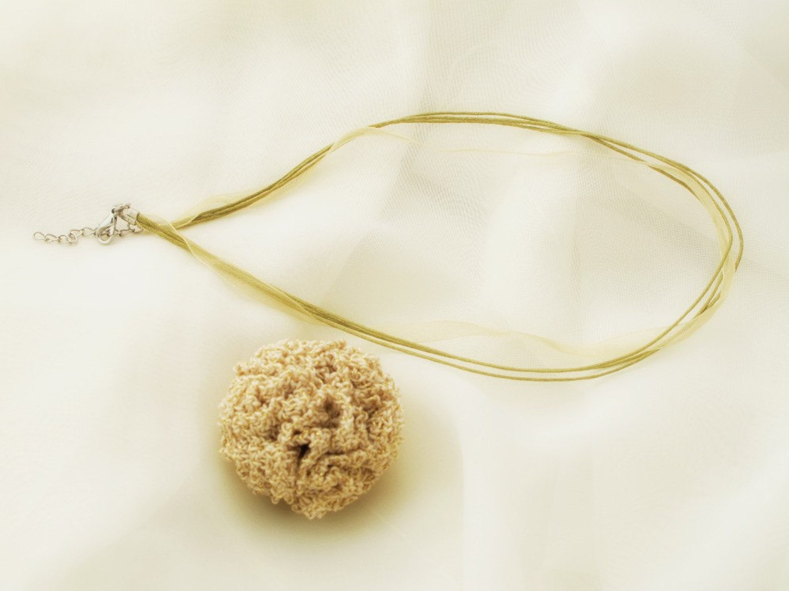 Crocheted Ruffled Ball Necklace. Gold. Ribbon. - Etsy