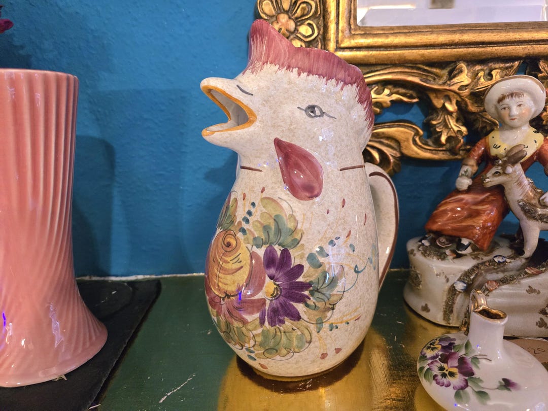 Vintage Large Italian Chicken Pitcher - Floral Rooster Jug - Deruta ...