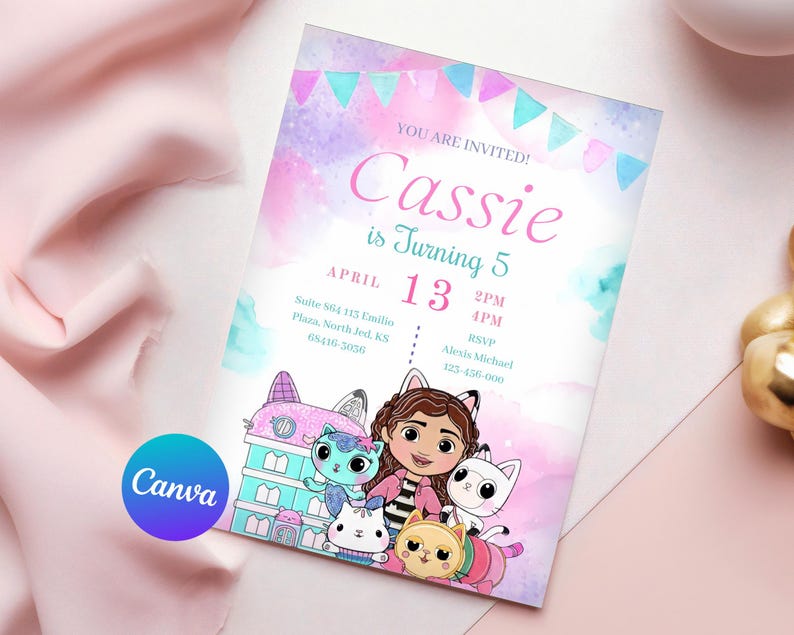 Editable Gabby's Dollhouse Birthday Invitation, Editable Gabby Birthday ...