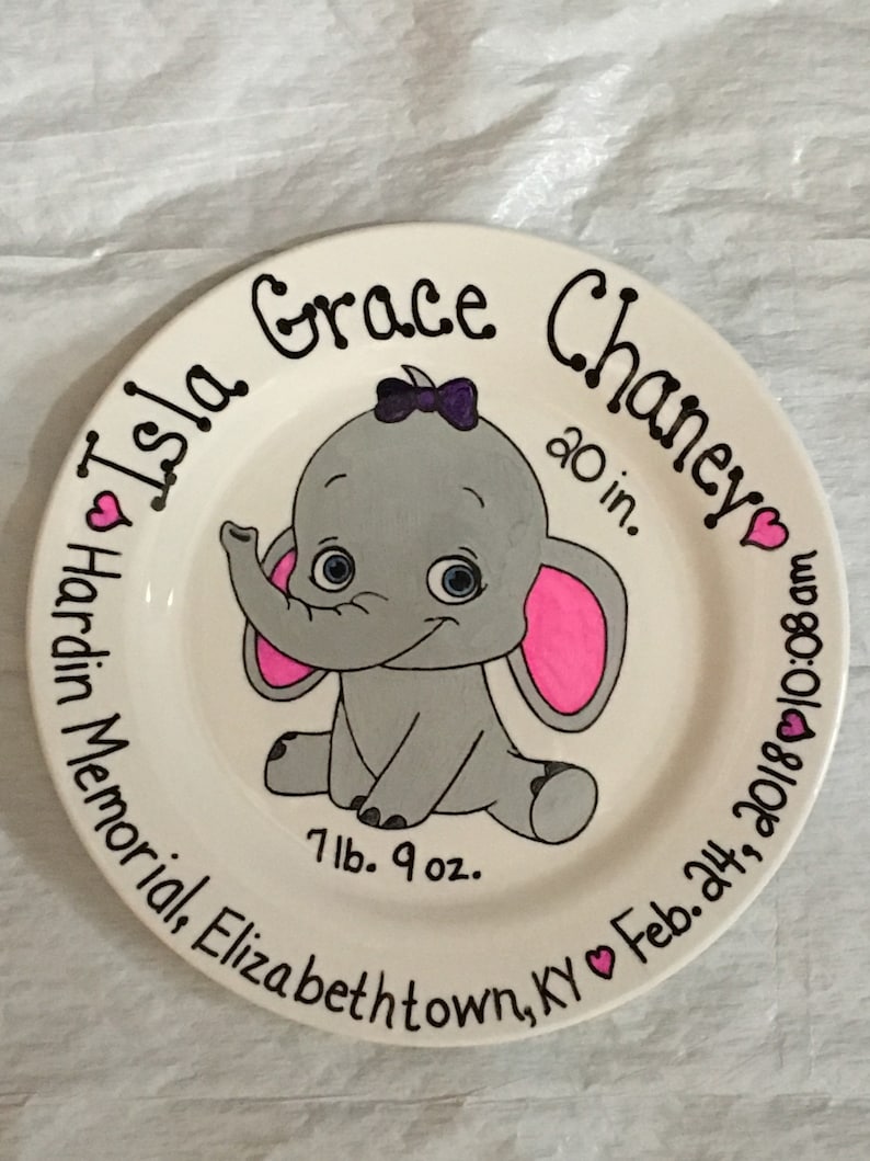 Birth Hand Painted Plate - Personalized Plate for Kids - Elephant Plate ...