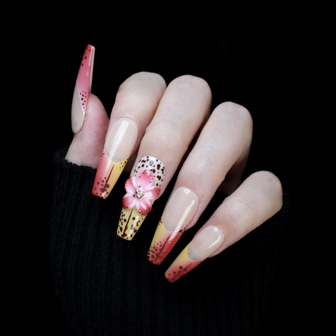 Sunset Bloom Custom Press on Nails | 3D Flower Fuchsia Nails | Medium ...
