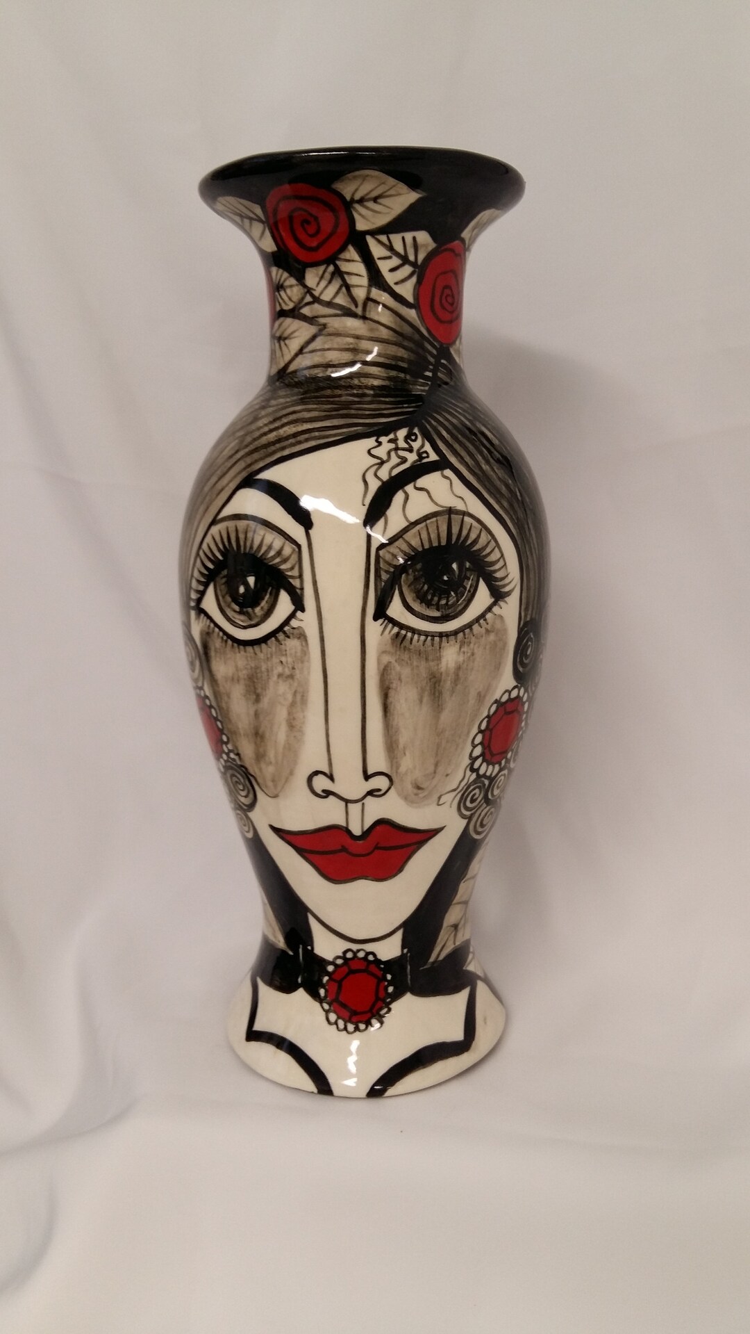 Ceramic Vase Tall Slim Whimsical Woman's Face Hand Painted Black ...