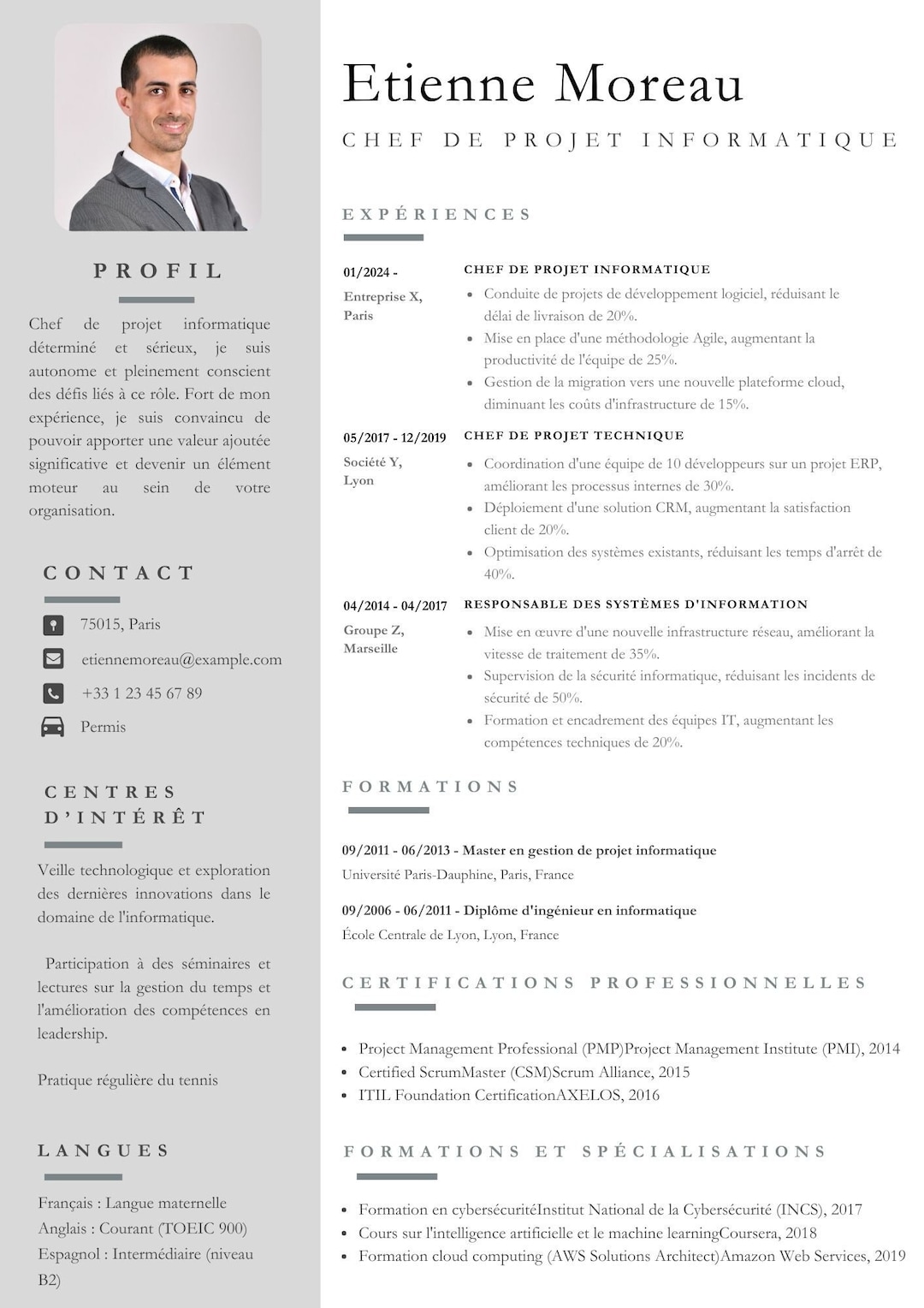 Professional French CV Template 1 Page Sober Gray - Editable on Canva ...