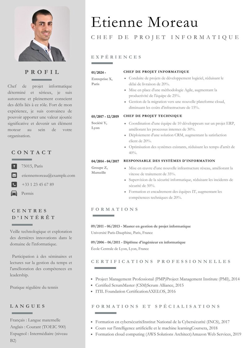 Professional French CV Template 1 Page Sober Gray - Editable on Canva ...