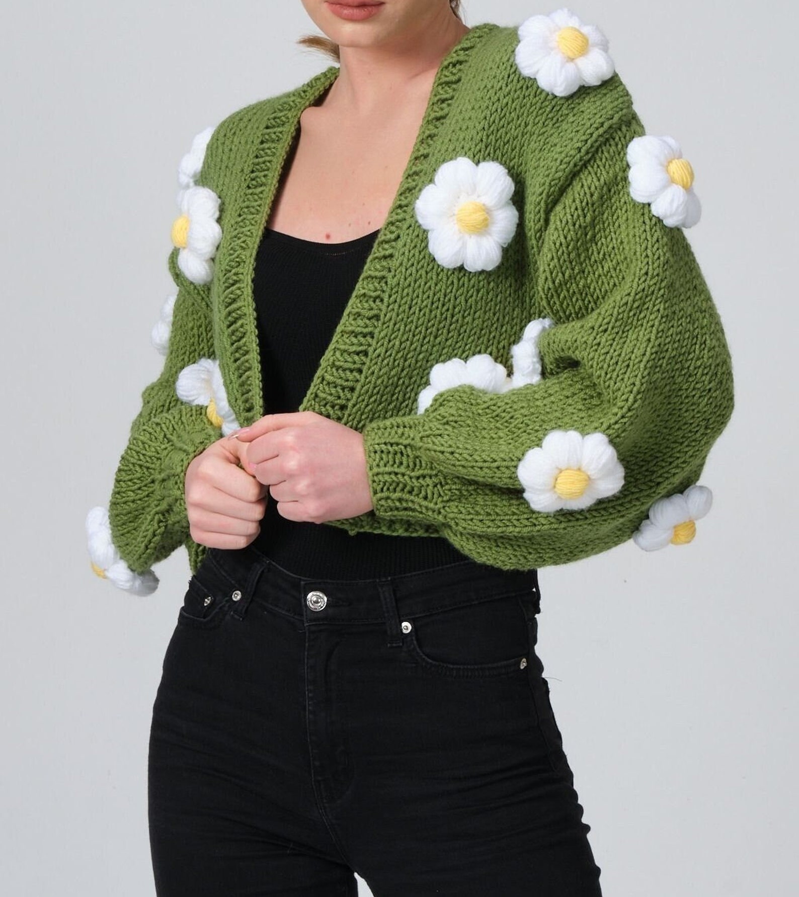 Daisy Flower Crop Cardigan Knitting Pattern, Beginner Chunky Knit (PDF ...