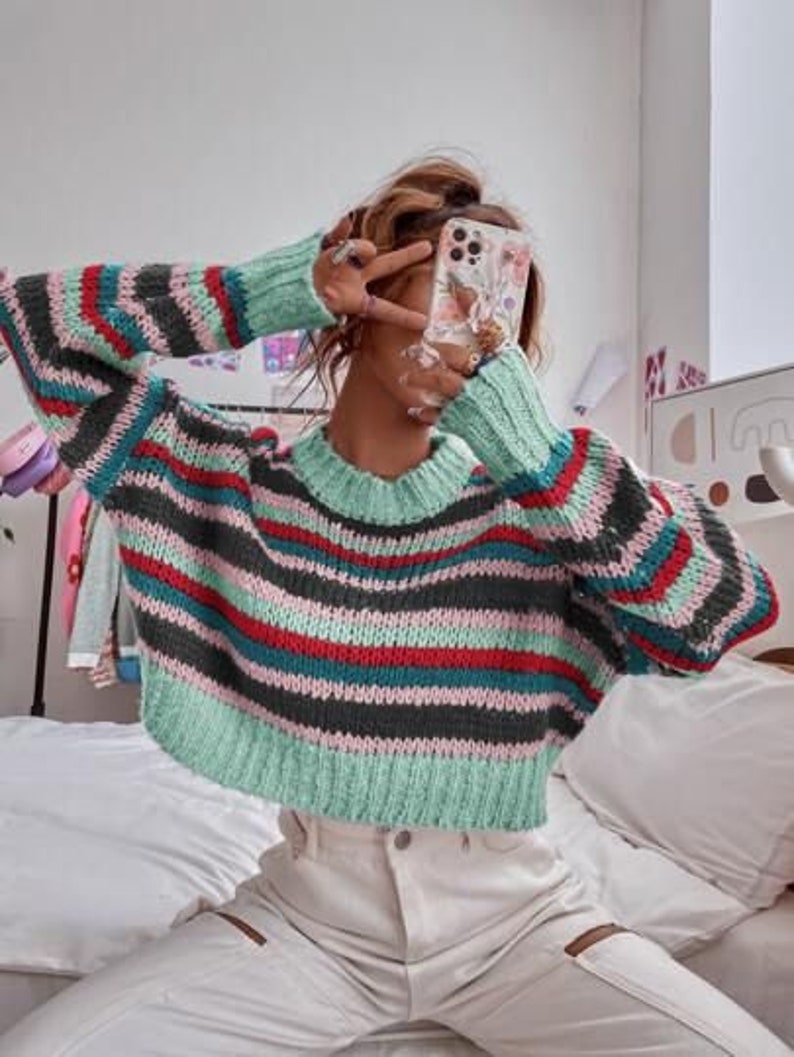 Striped Balloon Sleeve Jumper Knitting Pattern (digital Download) - Etsy