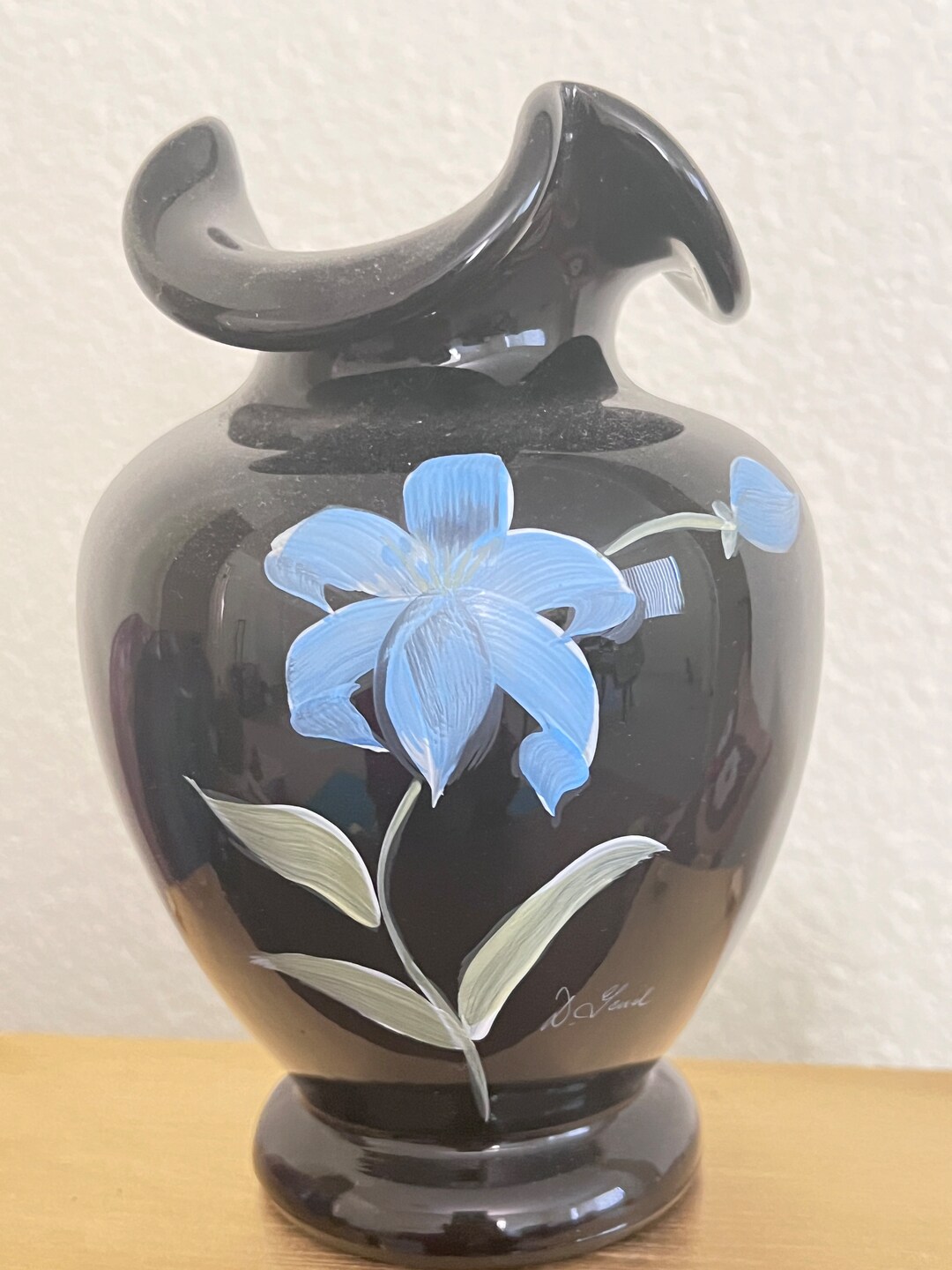Fenton Black Glass Vase Floral Design by D Yenel - Etsy