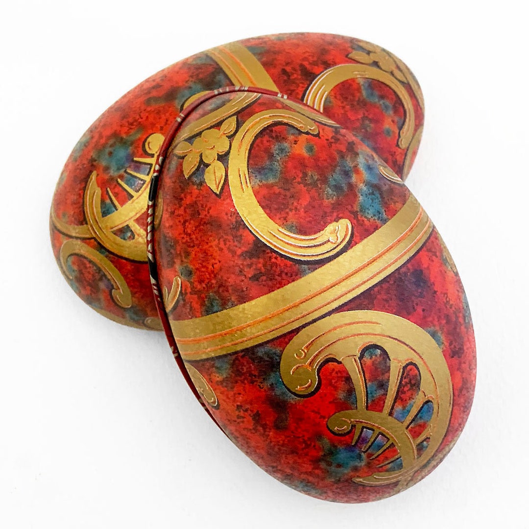 Metal Easter Egg Fancy Gold Scrolls on Red Faberge Style Storage Tin ...