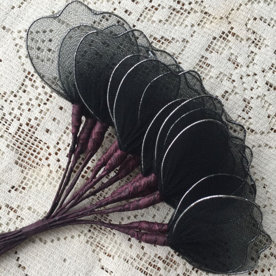 12 Vintage Old Fashioned Net Millinery Leaves Black With Silver Edge - Etsy