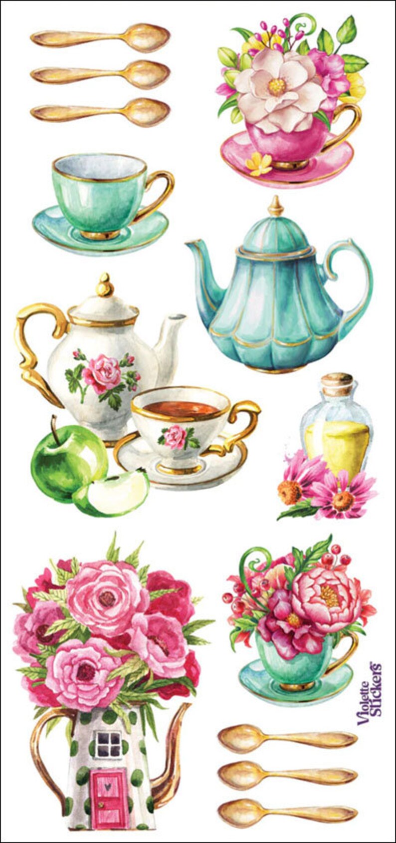 3 Sheets Self Adhesive Gold Foil Teacups Stickers Colorful Scrapbooking ...