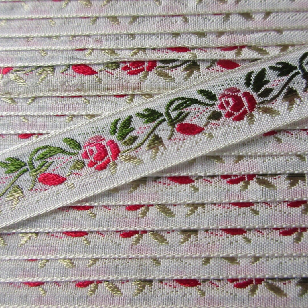4 Yards Vintage Japan Rose Trim 1/2" Wide Jacquard Ribbon White Red ...