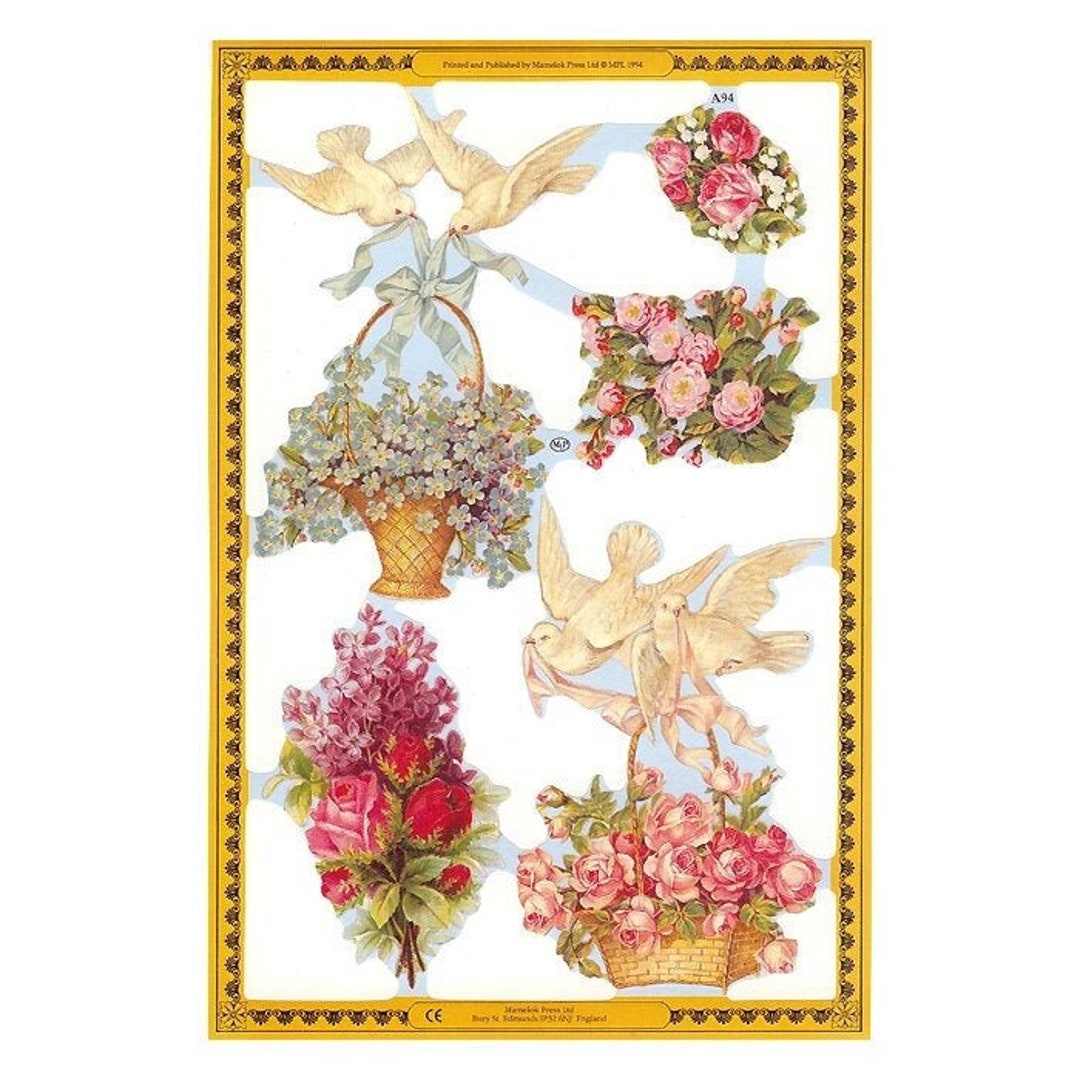 England Paper Scraps Lithograph Die Cut Valentine Doves and Flowers A ...