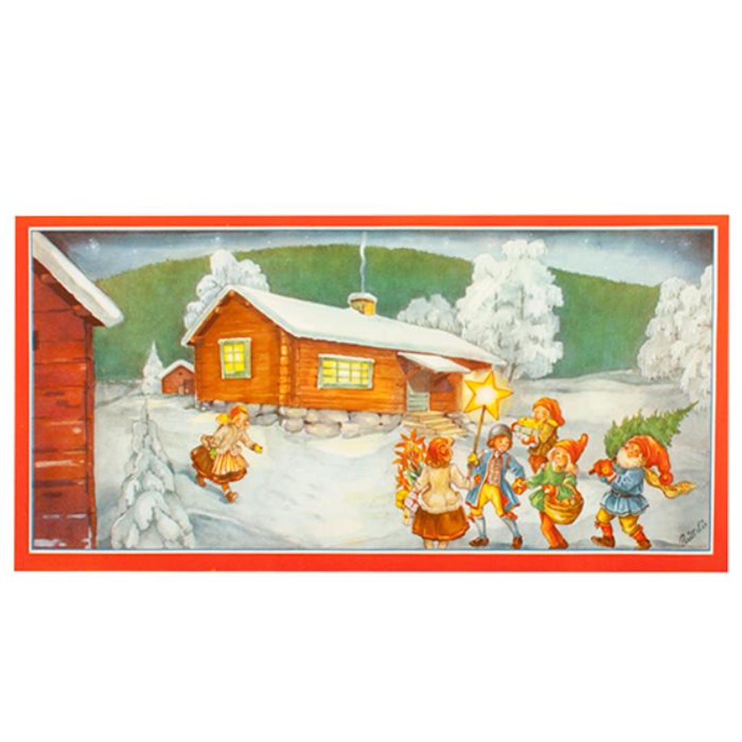 Vintage Sweden 1960s Christmas Paper Lithograph Frieze Decoration Tomte ...