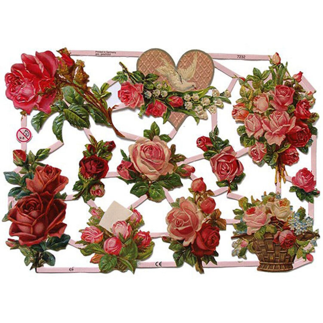 Germany Die Cut Lithograph Paper Scraps Valentine Hearts Roses Flowers ...