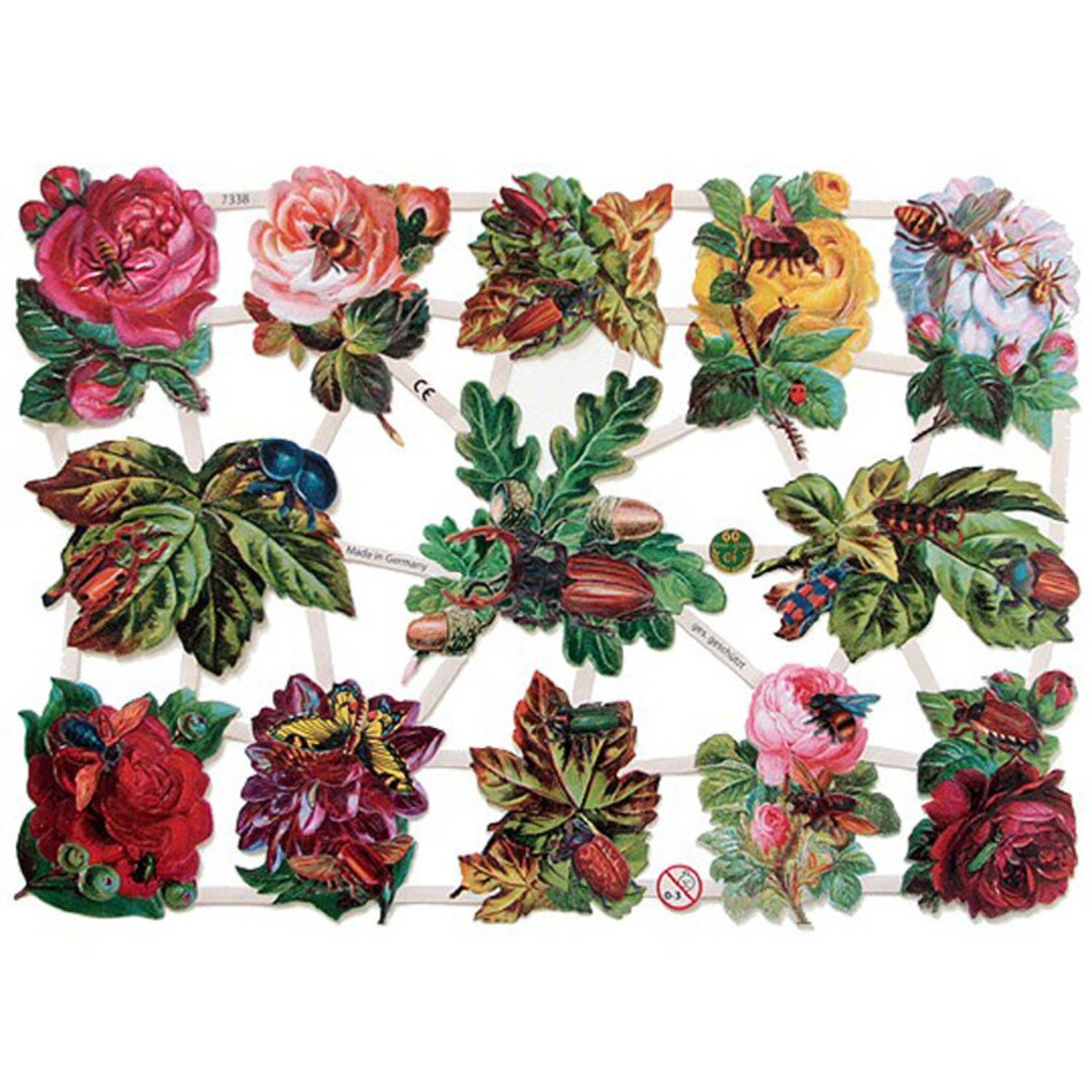 German Paper Scraps Lithograph Victorian Roses Flowers and Insects Die ...
