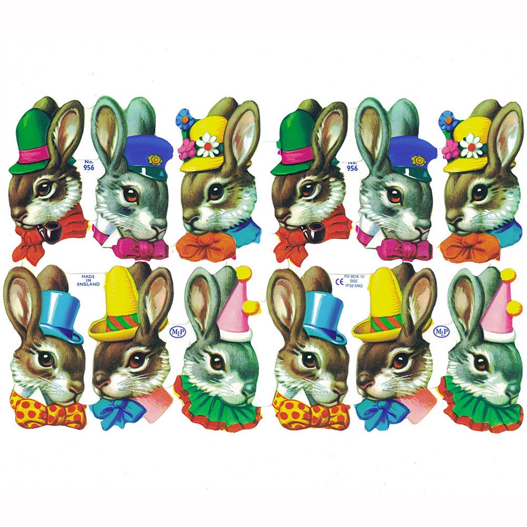 12 Vintage England 3" Large Bunny Heads Paper Lithographed Die Cut ...