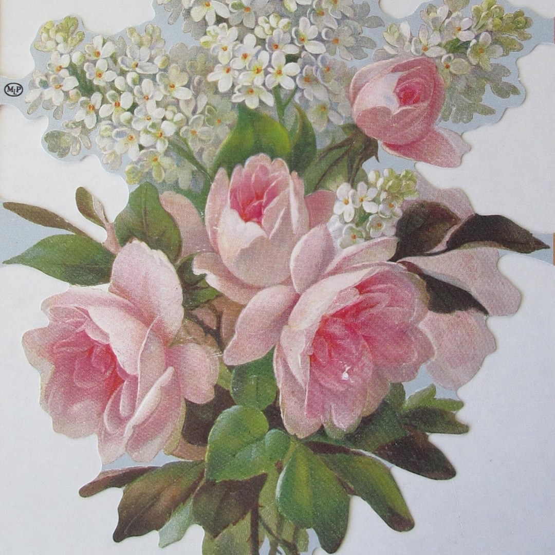 England Vintage Victorian Pink Roses Lithographed Die Cut Paper Scraps ...