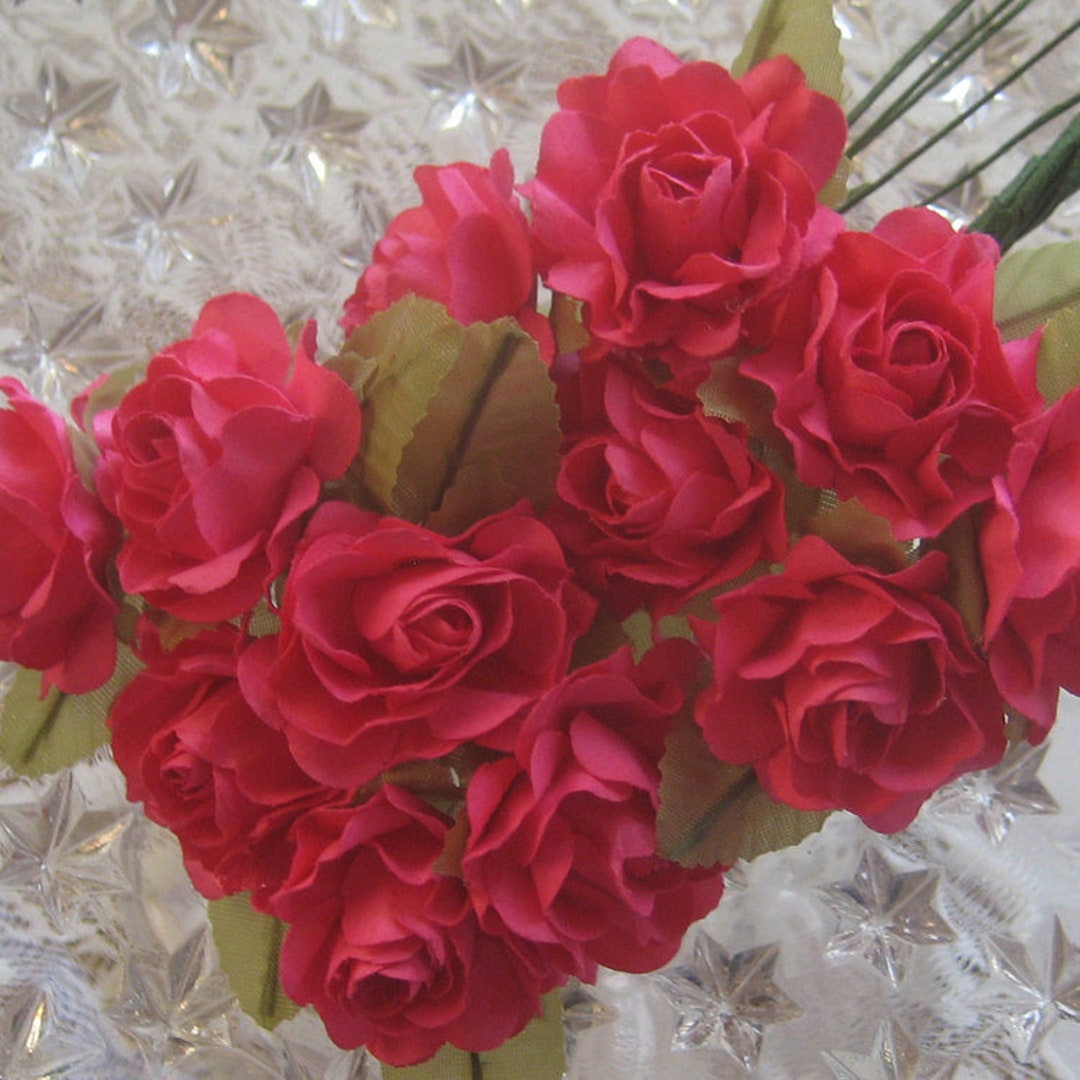 72 Fuchsia Pink Open Roses Paper Flowers Handmade Millinery Rose ~ 12 ...
