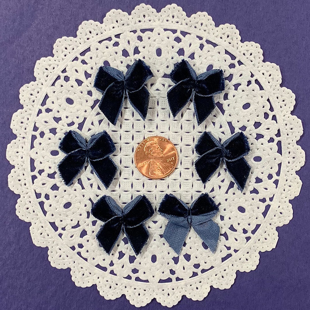 12 Vintage Velvet Ribbon Bows Old Store Stock Hand Sewn Navy Blue VB-05 ...