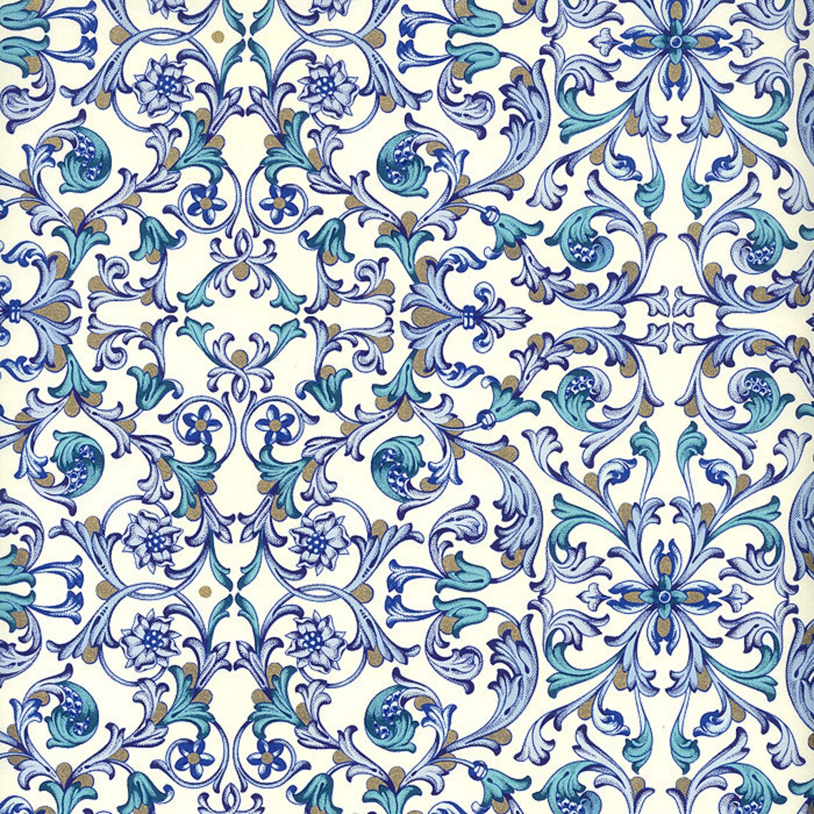 2 Sheets Blue Tiled Floral Florentine Print Italian Paper ~ Rossi Italy ...