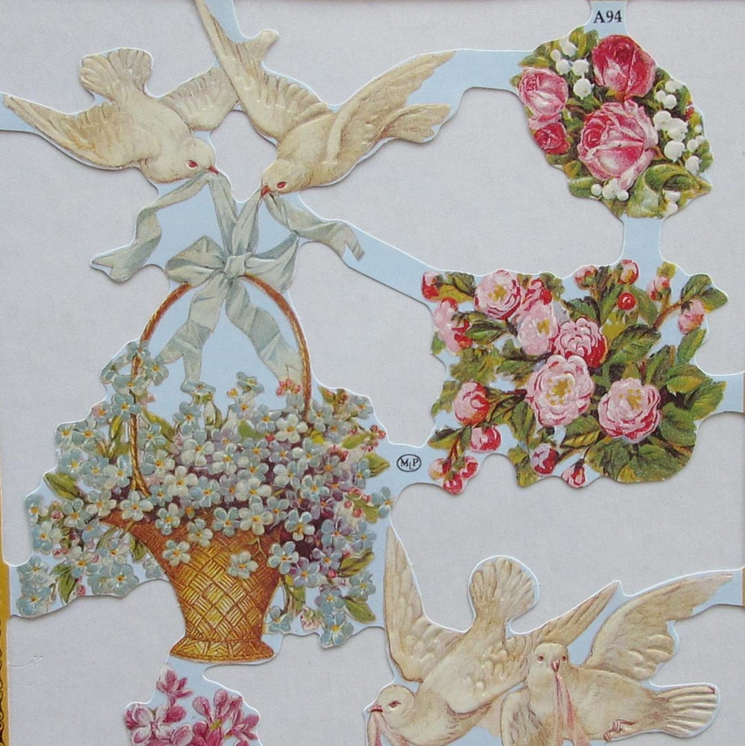 England Paper Scraps Lithograph Die Cut Valentine Doves and Flowers MLP ...