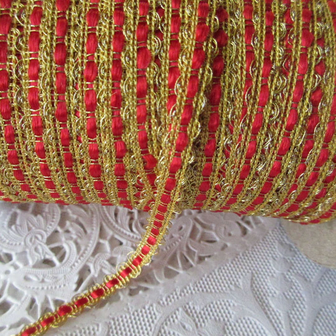 4 Yards Fancy Metallic Red and Gold Trim Ribbon Narrow 3/8 Wide Braid ...
