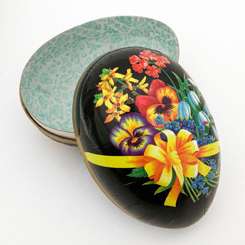 New 6” Germany Papier Paper Mache Easter Egg Box Black With Flowers and ...