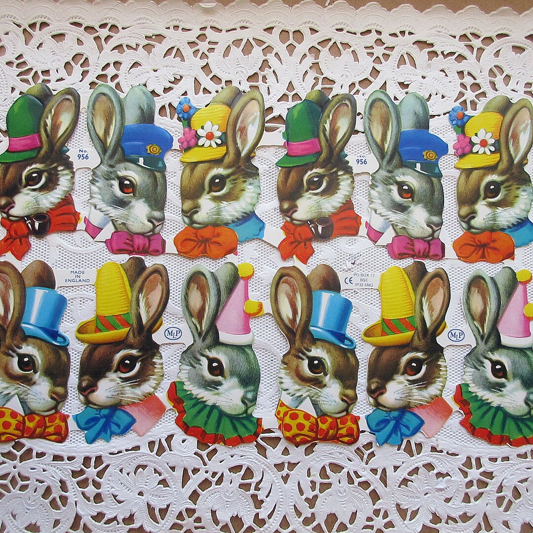 12 Vintage England 3 Large Bunny Heads Paper Lithographed Die Cut ...