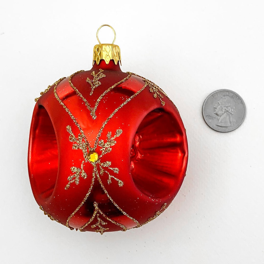 1 Czech Blown Glass Matte Red Retro Glittered Triple Indent Reflector ...