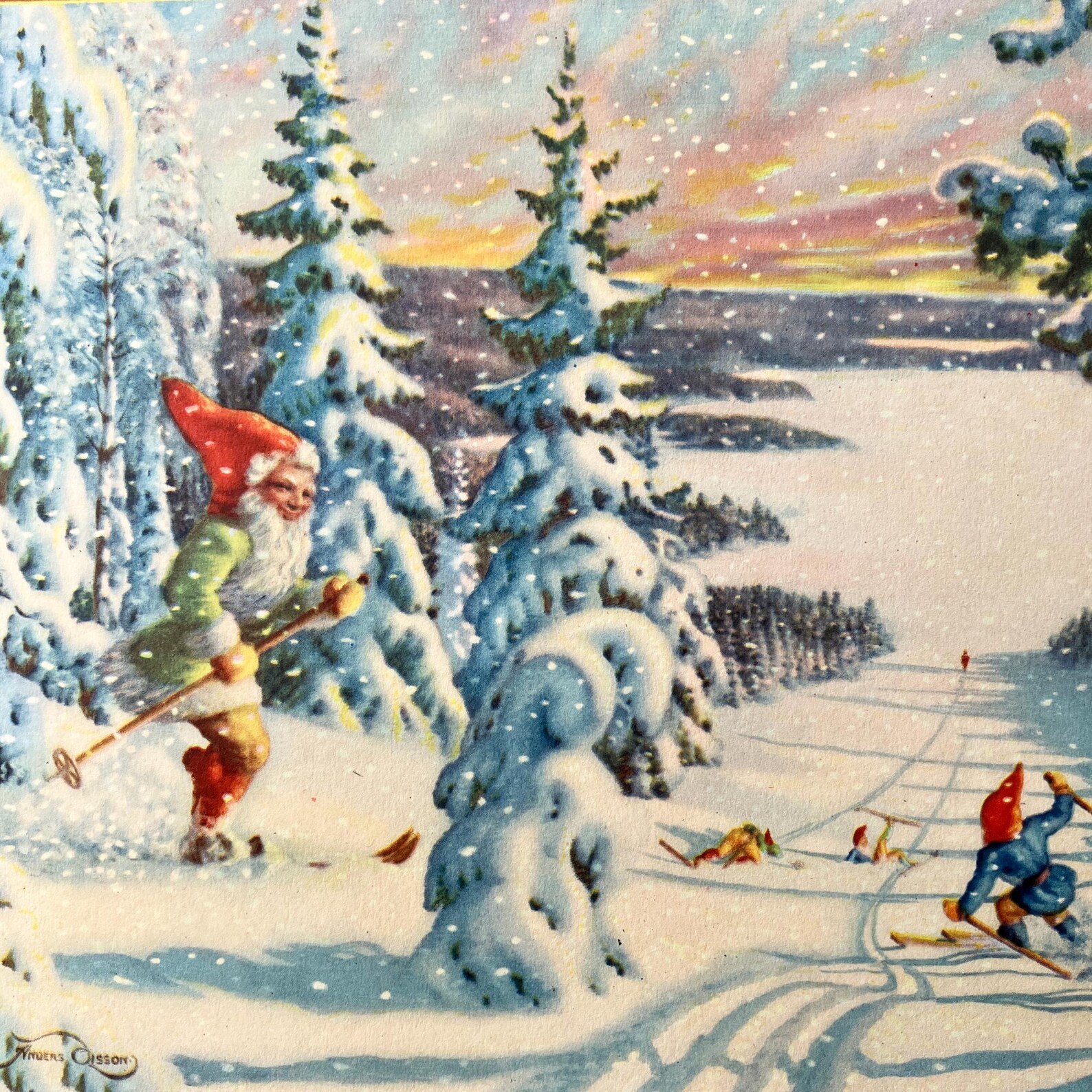Vintage Sweden 1950s Christmas Paper Lithograph Frieze Decoration Tomte ...
