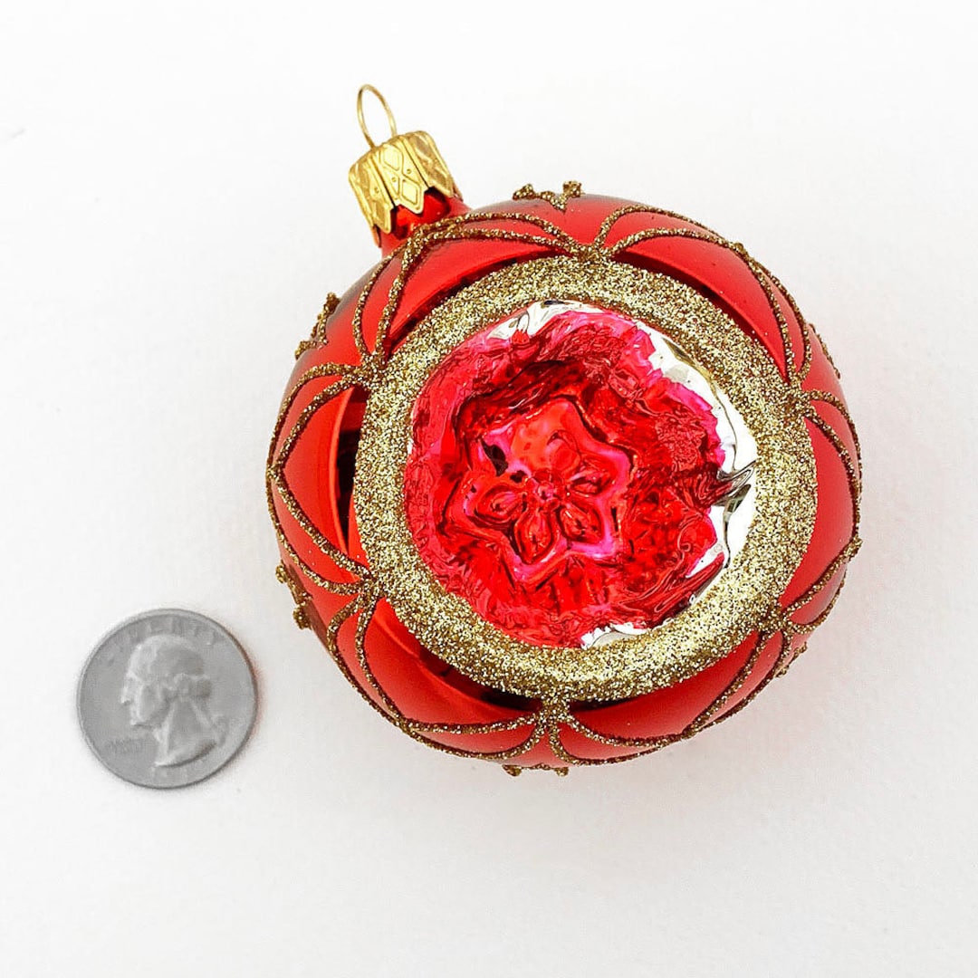 1 Czech Blown Glass Red Retro Glittered Indent Reflector Ball Christmas ...