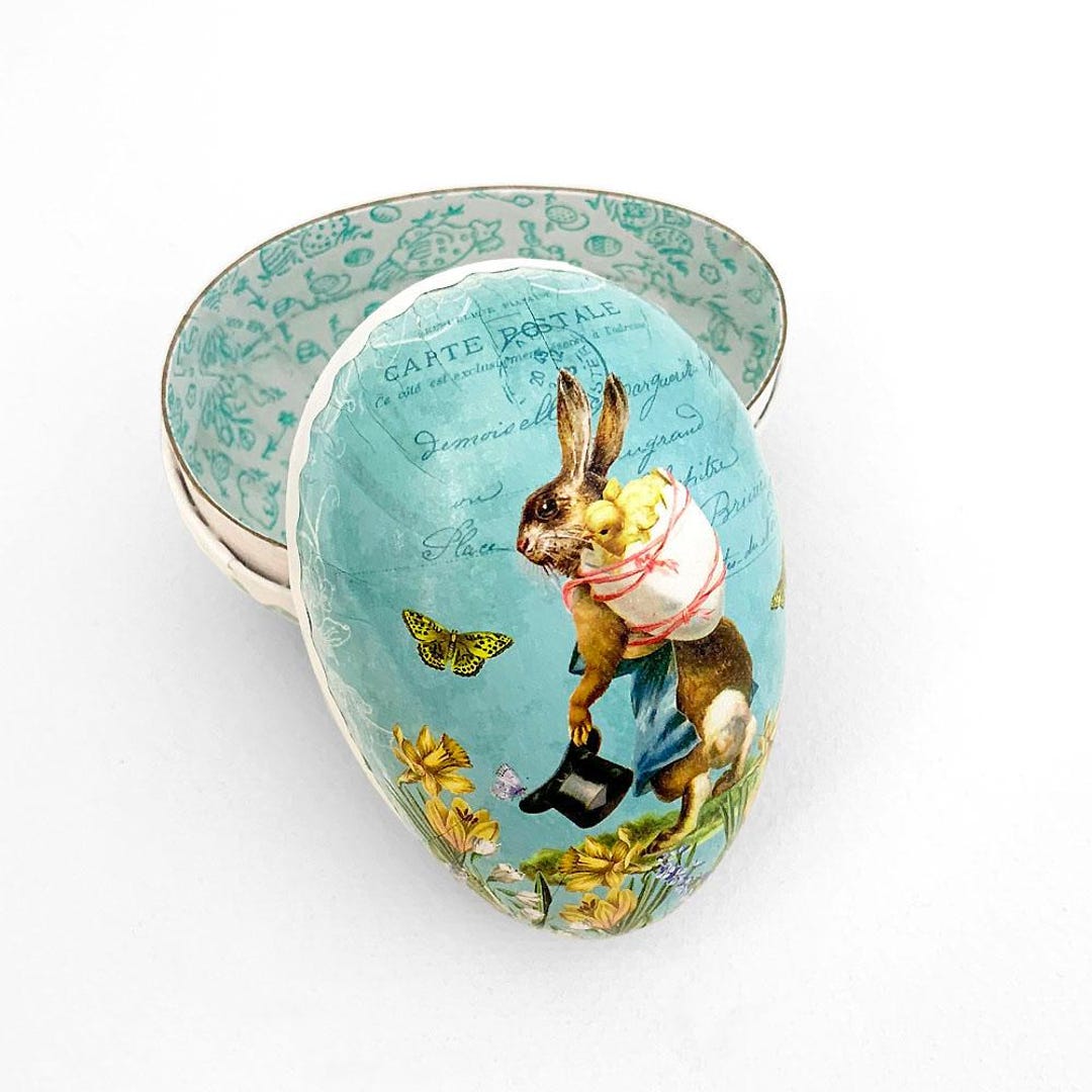 2 New German Paper Mache Easter Egg Boxes Blue Dapper Bunny Rabbit ...